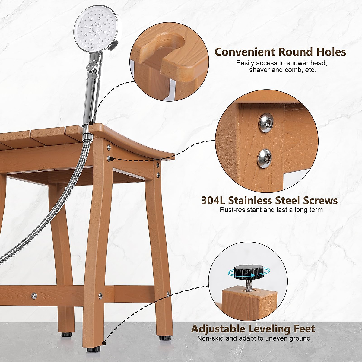 SUEH DESIGN Shower Bench, HIPS Shower Chair Waterproof Shower Stool for Inside Shower Spa, Shower Seat for Adults Elderly Indoor Outdoor, Teak