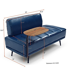Modern Upholstered End of Bed Bench with 360-Degree Swivel Tray, 2 Seater Sofa Couch with Side Table, Settee Bench with Metal Legs Backrest for Living Room,Entryway,Foyer (PU-With Tray, Navy)