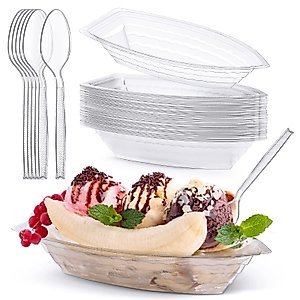 32 Pcs 8 Oz Disposable Banana Split Boats with Spoons, Clear Plastic Ice Cream Sundae Bowls Banana Split Ice Cream Dishes Dessert Bowls Splits Bowl Tray for Kids Birthday Party Graduation