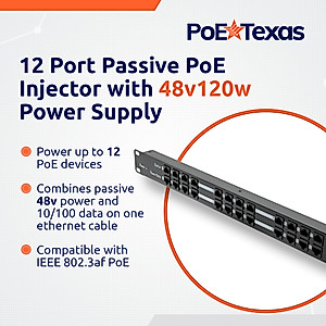 PoE Texas 12 Port PoE Injector with 48v120w Power Supply - 10/100 Data - Rack Mount - Add Passive Mode B 802.3af PoE to a Non PoE Switch for VoIP, WiFi AP, IP Camera, Security & Surveillance Systems