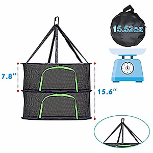 Herb Drying Rack Food Dehydrator Plant Hanging Mesh U Shape 2 Layers Collapsible Dry Net with Zipper, Pruning Scissors, Hook, Herb Rack for Drying Seeds, Herb, Vegs, Fruits, Bud, Plants(24"x15.6")