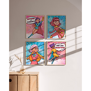 HAUS AND HUES Posters for Teen Girls Room - Set of 4 Supergirl Inspirational Wall Art Prints Cute Girl Wall Decor | Positive Affirmation Bedroom Superhero Motivational Wall Art (8"x10", UNFRAMED)