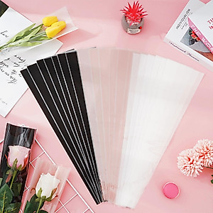 Whaline 150 Pieces Single Rose Sleeve White Pink Black Single Flower Wrapping Bags Plastic Single Flower Packaging Cellophane Sleeves for Wedding Birthday Mother's Day Valentine's Day, 3 Colors