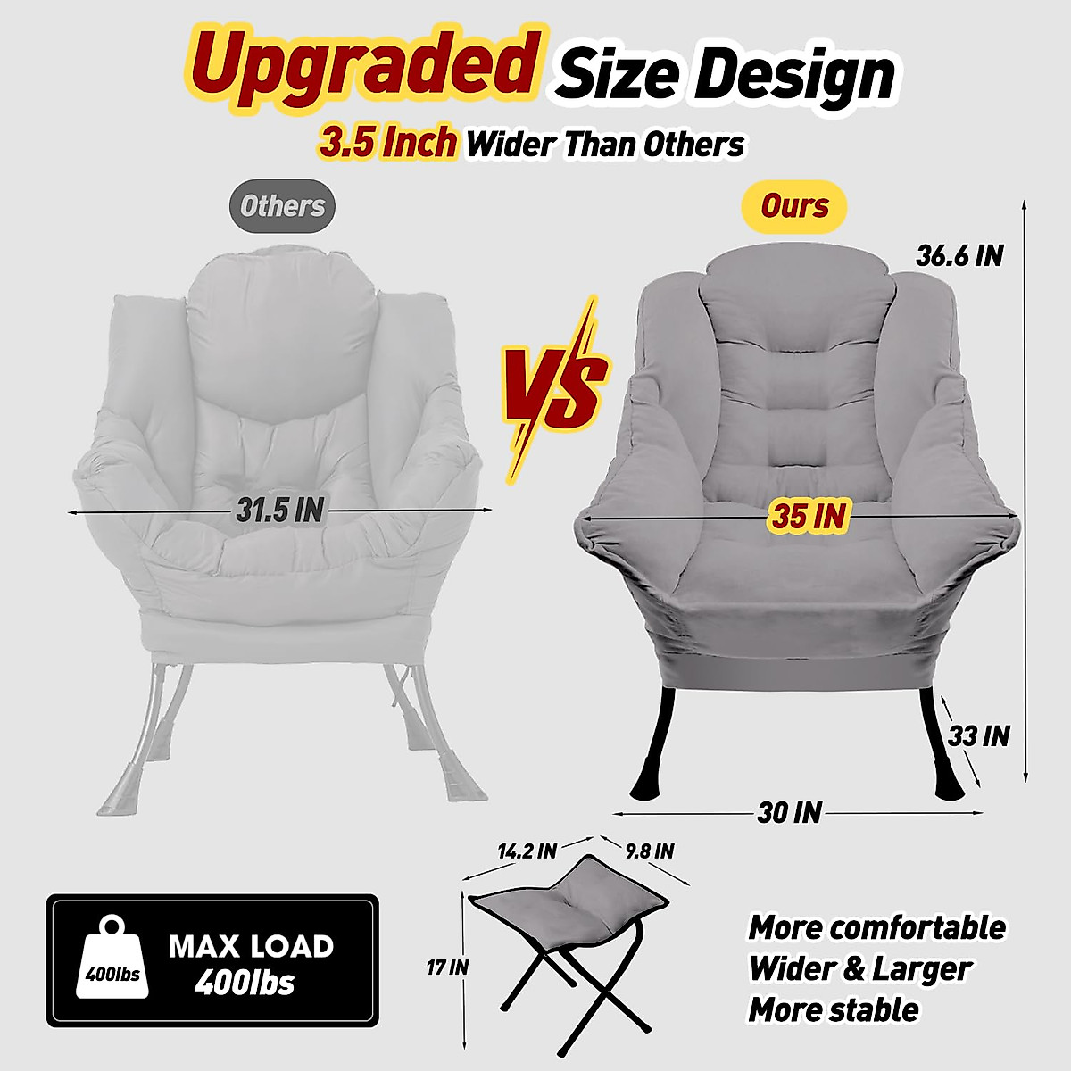 WOAISOO Lazy Chair with Ottoman, Comfy Reading Chair with Ottoman Set, Oversized Lounge Sofa Chair with Footrest for Living Room, Bedroom, Dorm, Small Spaces- Grey