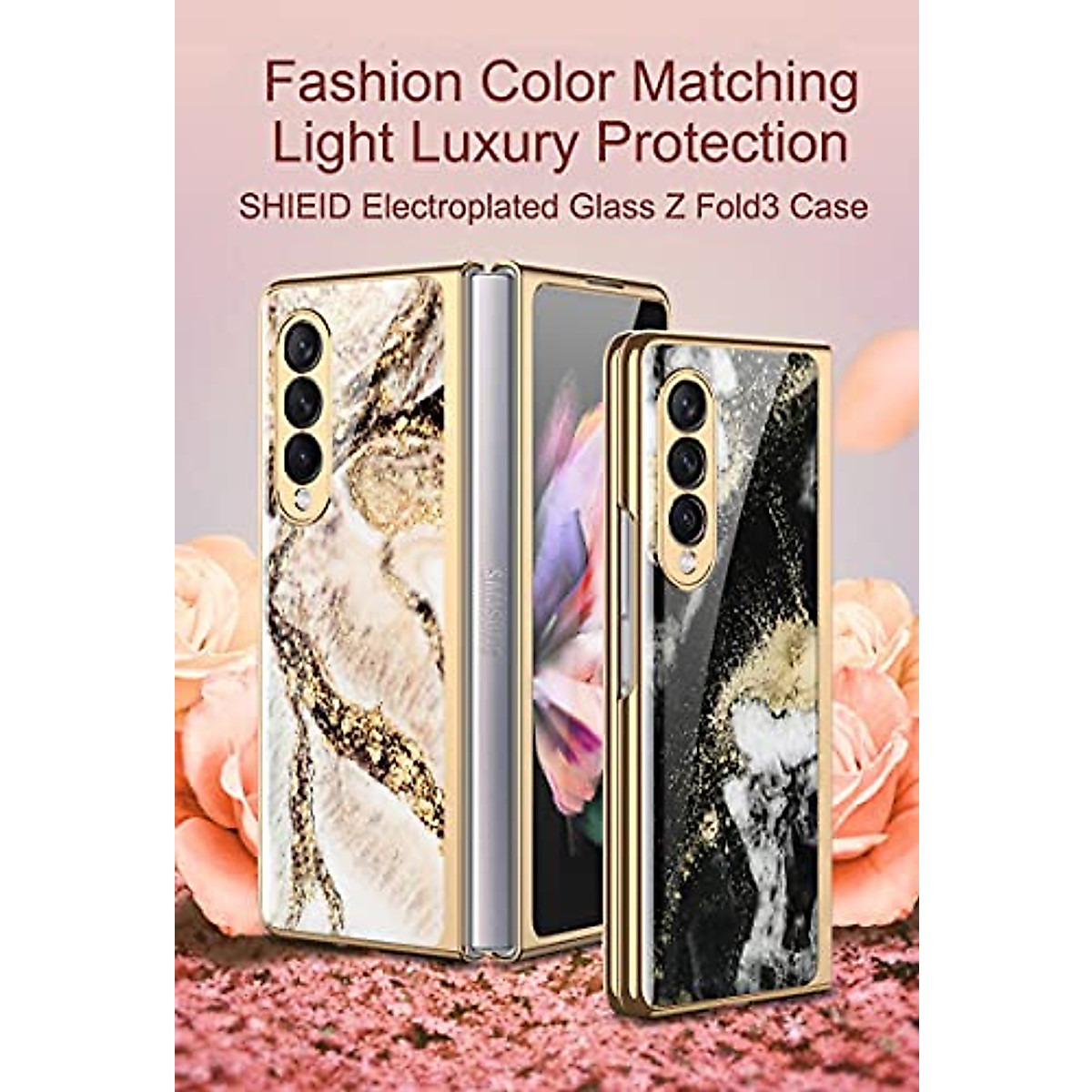 SHIEID Samsung Z Fold 4 Case, Z Fold 4 Case Ultra-Thin Tempered Glass Phone Case Protective Cover for Samsung Galaxy Z Fold 4 5G Fashion Electroplated PC Back Cover, Marble-3