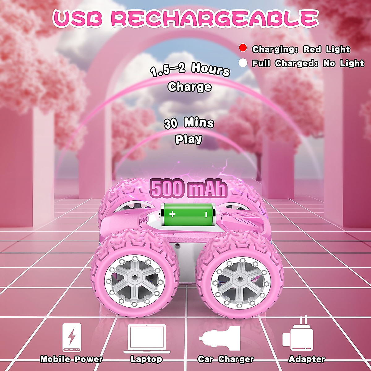 Pink Remote Control Car for Girls, RC Cars for Kids with DIY Sticker & Colorful Lights, 2.4Ghz Double Sided 360° Flips 4WD Stunt Car, Rechargeable Toy Cars for Girl Ages 4-6 5-7 6-8 8-12 Birthday Gift