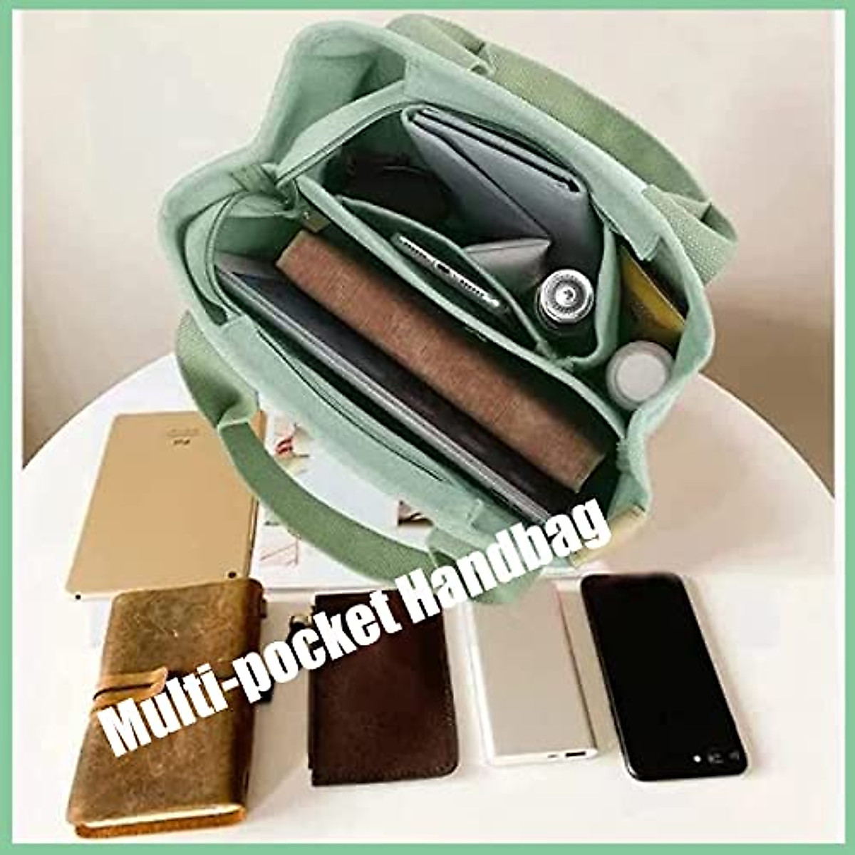 Misawa Shinichiro Bag, Calendarm Japanese Handmade Large Capacity Multi-Pocket Handbag, Canvas Tote Bags, Bento Pack (Khaki)