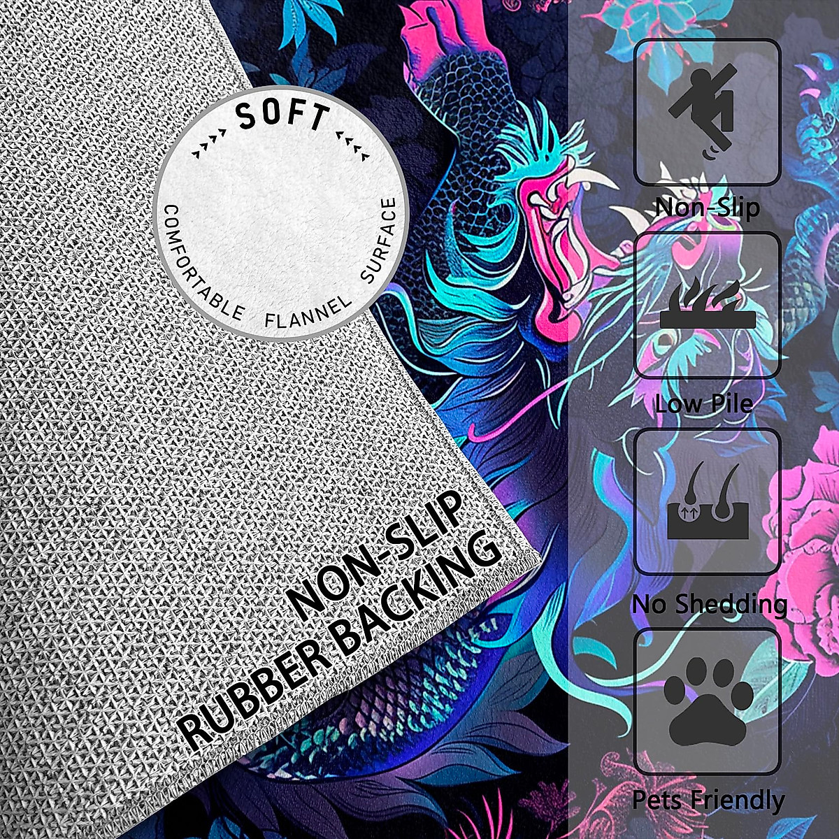 Yoozitrees 5x8 Rug, Japanese Dragon Rug, Chinese Dragon Floral Fantasy Rugs for Living Room Bedroom, Neon Tattoo Carpet, Washable & Non Slip Large Indoor Area Rug, Japanese Dragon Home Decor & Gifts