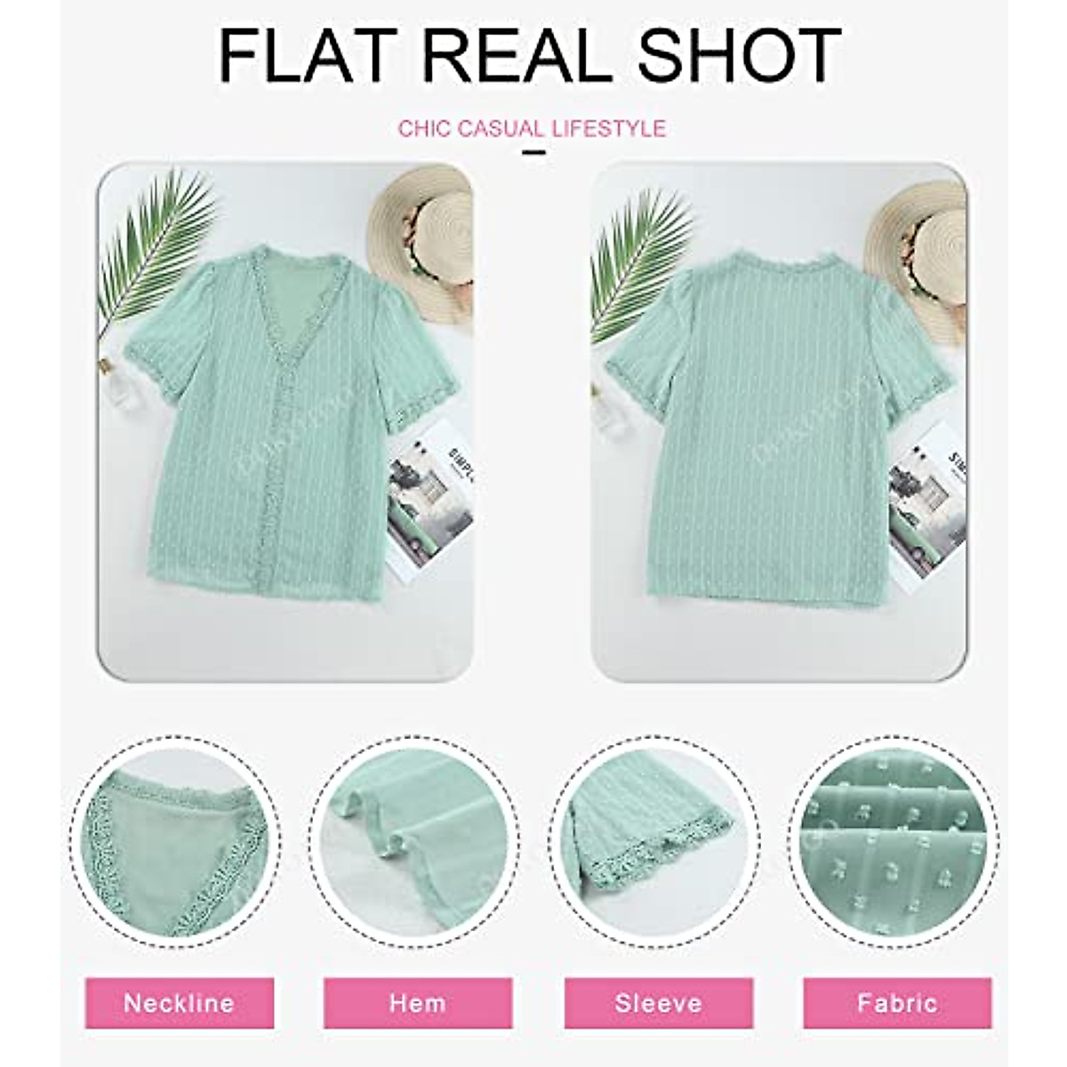 Dokotoo Women's Summer Lace V-Neck Flowy Short Sleeve Casual Loose Tunic Top - Light Green, L