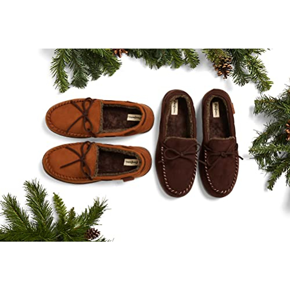 Dearfoams Men's Microsuede Moccasin with Tie Slipper, Chestnut, Medium