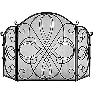 Best Choice Products 3-Panel 55x33in Solid Wrought Iron See-Through Metal Fireplace Screen, Spark Guard Safety Protector w/Decorative Scroll - Black