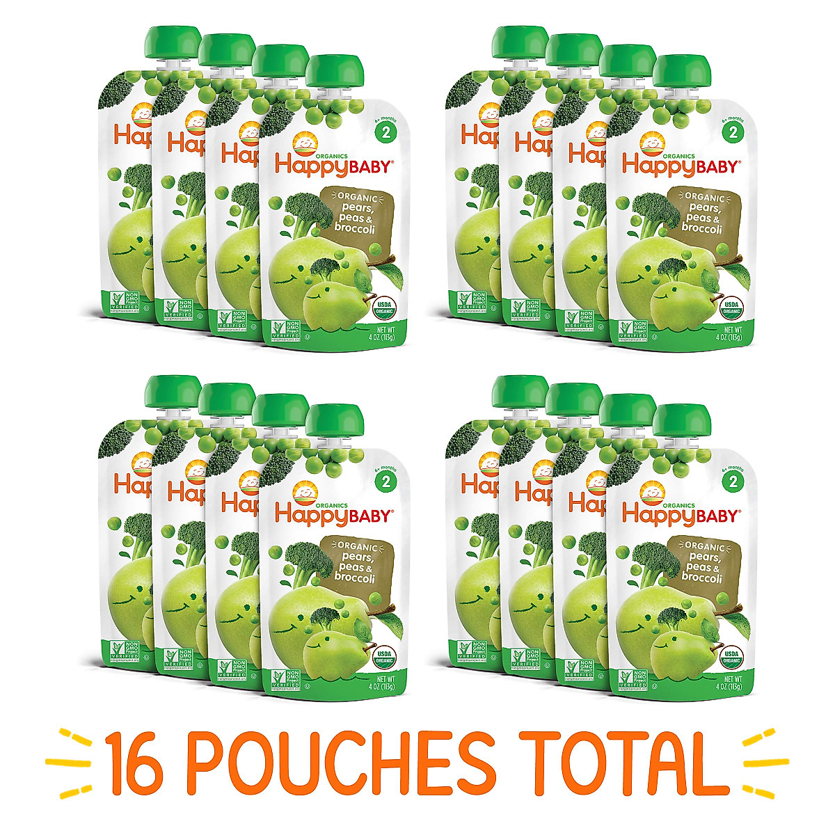 Happy Baby Organic Stage 2 Baby Food, Simple Combos, Broccoli, Pears & Peas, 4 Ounce (Pack of 16), 64 Ounce