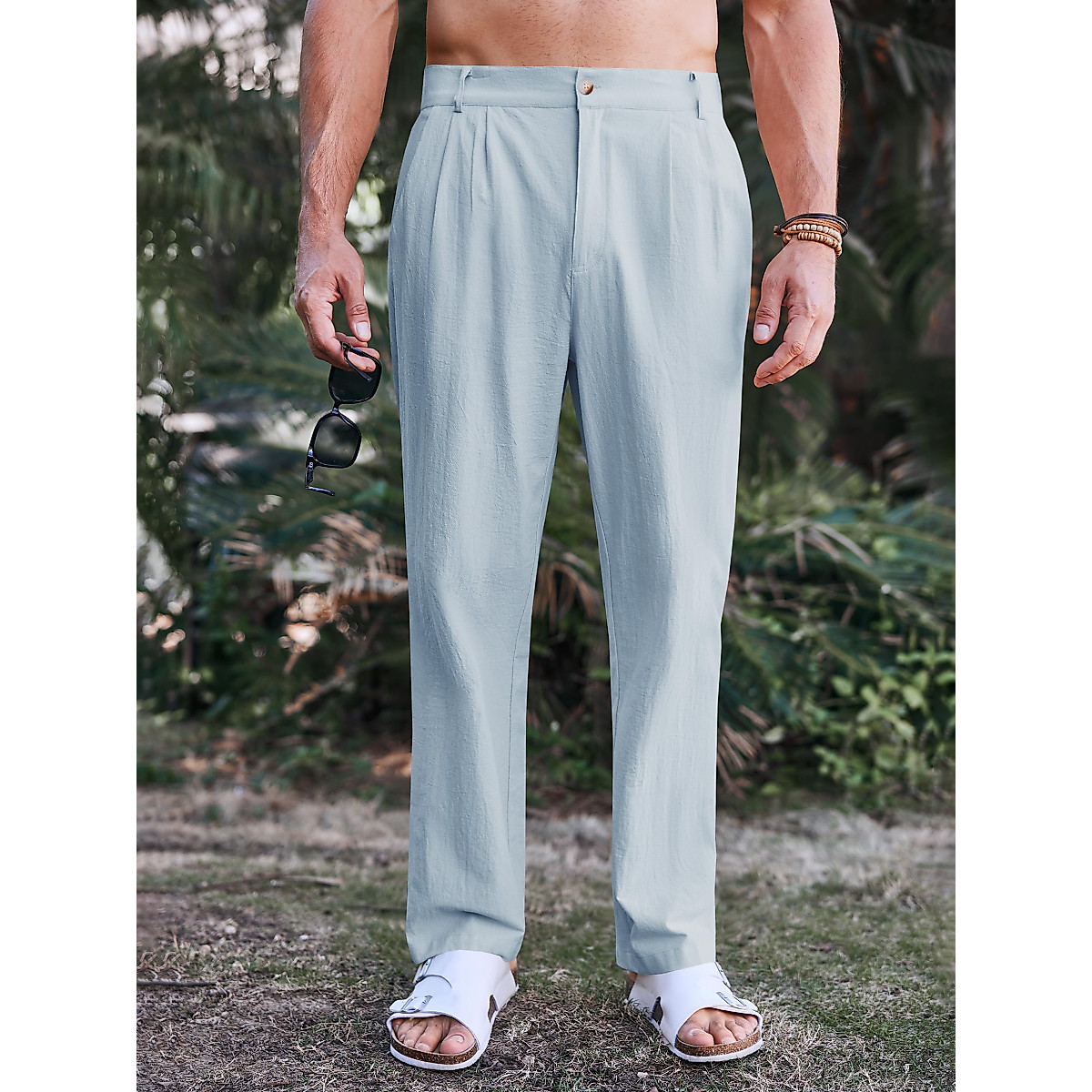 PASLTER Mens Casual Cotton Linen Pants Loose Fit Elastic Waist Yoga Beach Trousers with Pockets Grey