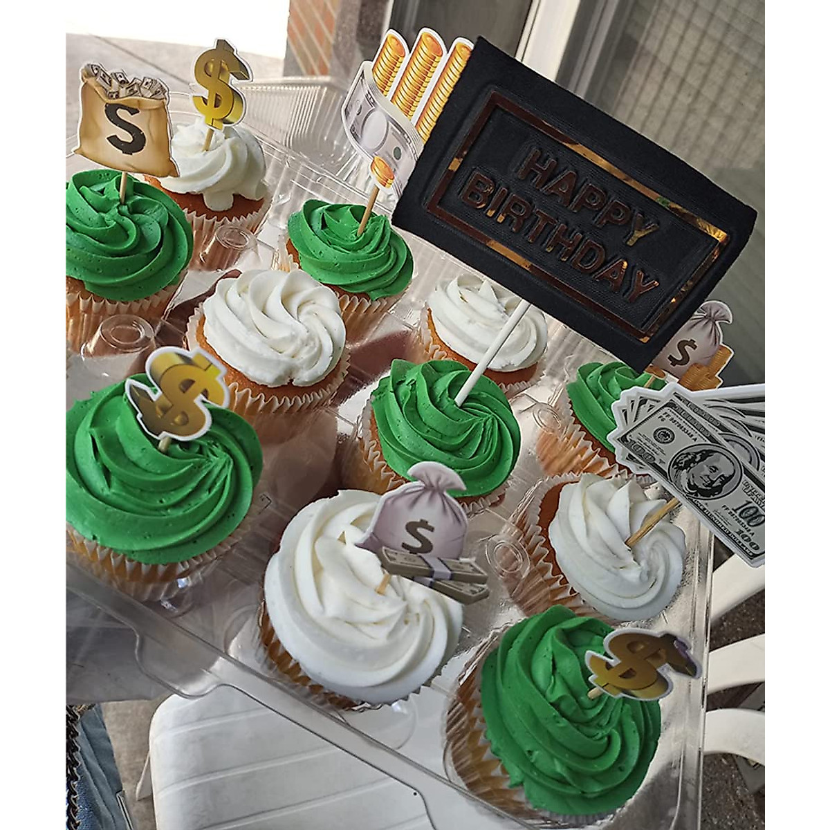 10Pcs Happy Birthday Cake Topper Set, Dollar Bill Sign Cupcake Toppers Money Theme Decorations for Birthday Party Halloween Thanksgiving Christmas Decor