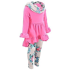 Unique Baby 3 Piece Girls Fall Winter Clothes Set Kid and Toddler Girl Leggings, Long Sleeve Shirt and Scarf Outfit (4 Years, Grey Floral)