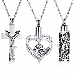 shajwo 3 Pack Urn Necklace for Ashes for Women Gilrs Heart Cross Cylinder Cremation Jewelry for Ashes Memorial Keepsake Birthstone Pendant,White