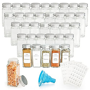HAKEEMI 36 Pcs Spice Jars with Spice Labels, 4 oz Empty Glass Spice Containers with Shaker Lids & Metal Caps, Square Seasoning Jars Bottles