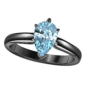 Gems and Jewels 14k Black Rhodium Plated Brass Pear Cut Created Blue Topaz CZ Solitaire Engagement Ring 1.75 Carat for Womens
