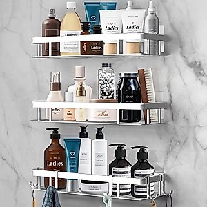 QEWEEQ 3 Pack Shower Caddy, Adhesive Shelf Wall Mounted Bathroom Shower Organizer, No Drilling Kitchen Racks Shower shelves, Aluminum Storage Organizer for Bathroom, Toilet, Kitchen and Dorm, Silver