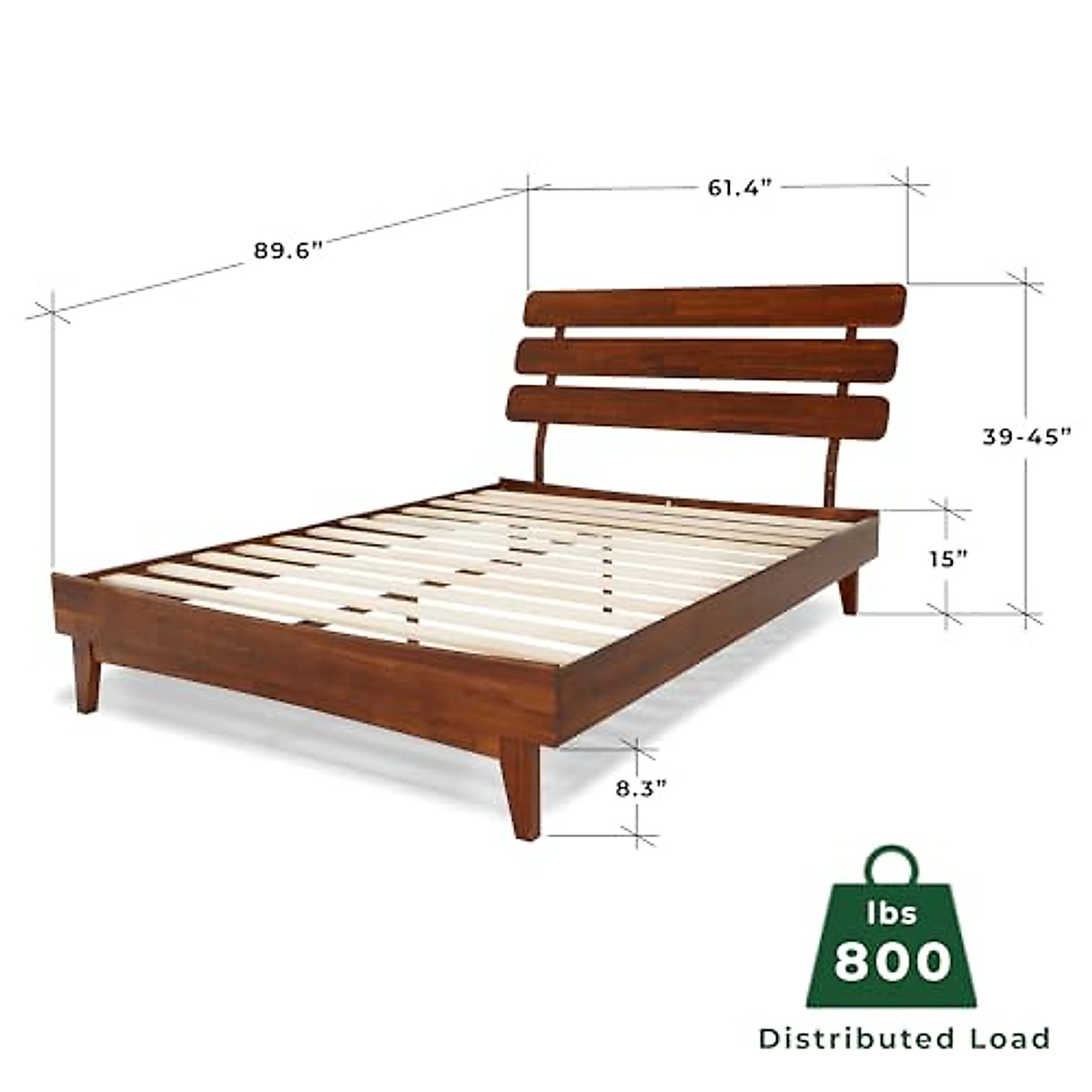 Bme Caden 15 Inch Deluxe Bed Frame with Adjustable Headboard - Mid Century, Retro Style with Acacia Wood - No Box Spring Needed - 12 Strong Wood Slat Support - Easy Assembly - Dark Chocolate, Queen