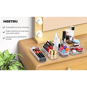 NEETBU 8 Pack Clear Plastic Drawer Organizer Kitchen Bathroom Storage Box Tray For Makeup Flatware Utensils Silverware Office Supplies(9.6”x3.2”x1.9”)