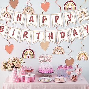 26 Pcs Rainbow Birthday Party Decorations with Bohemian Theme Happy Birthday Banner, Cake Toppers, Ceiling Hanging Swirl Spirals with Cards for Neutral Baby Shower Birthday Party Supplies