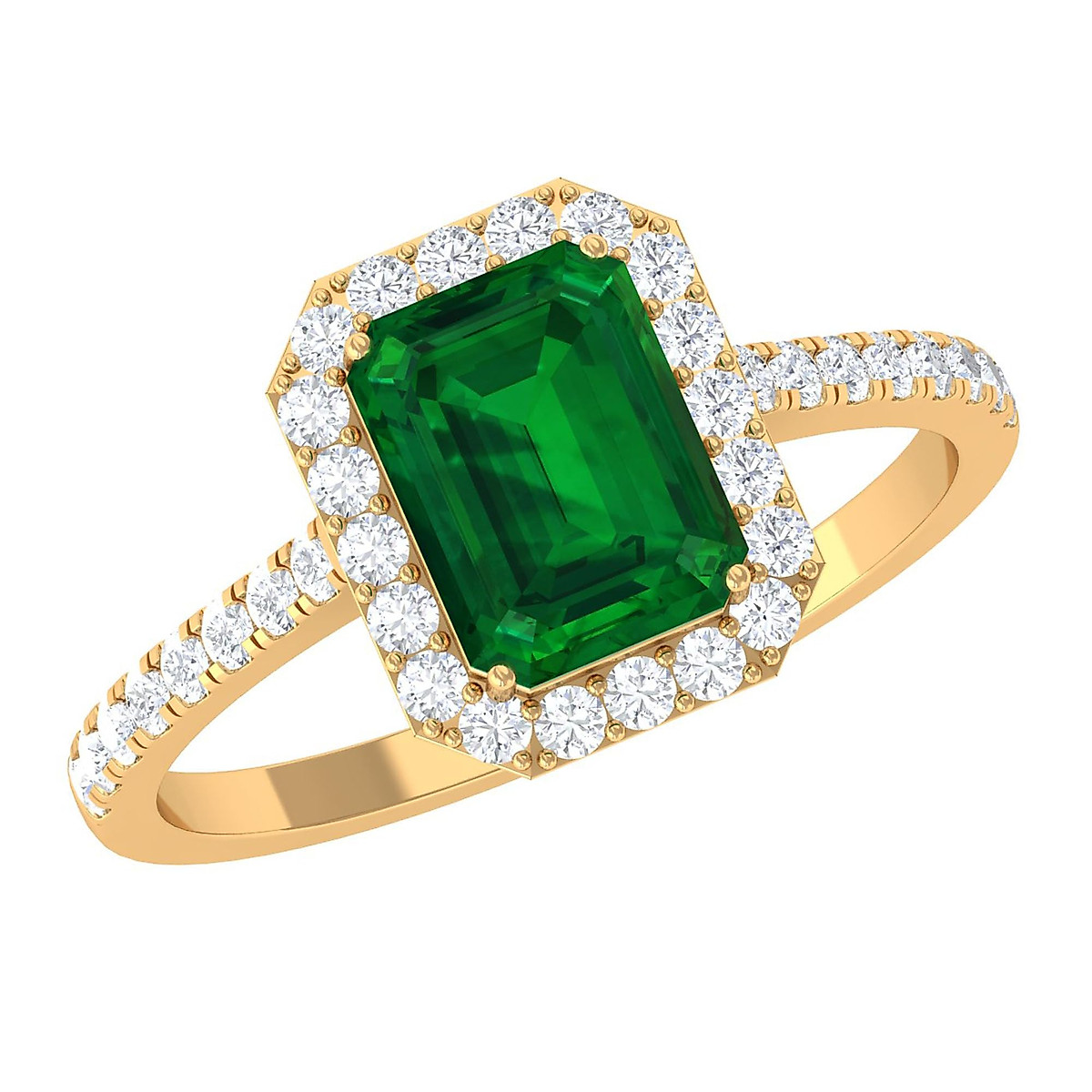 Rosec Jewels Lab Grown Emerald Diamond Halo Engagement Ring, AAAA Quality, Certified Emerald 6X8 MM Emerald Cut Engagement Ring, 14K Yellow Gold, Size:US 7.00