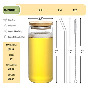 VITEVER 6 Pack 16oz & 4 Pack 20oz Glass Cups with Bamboo Lids and Glass Straw - Beer Can Shaped Drinking Glasses, Iced Coffee Glasses, Cute Tumbler Cup for Smoothie, Boba Tea, Gift
