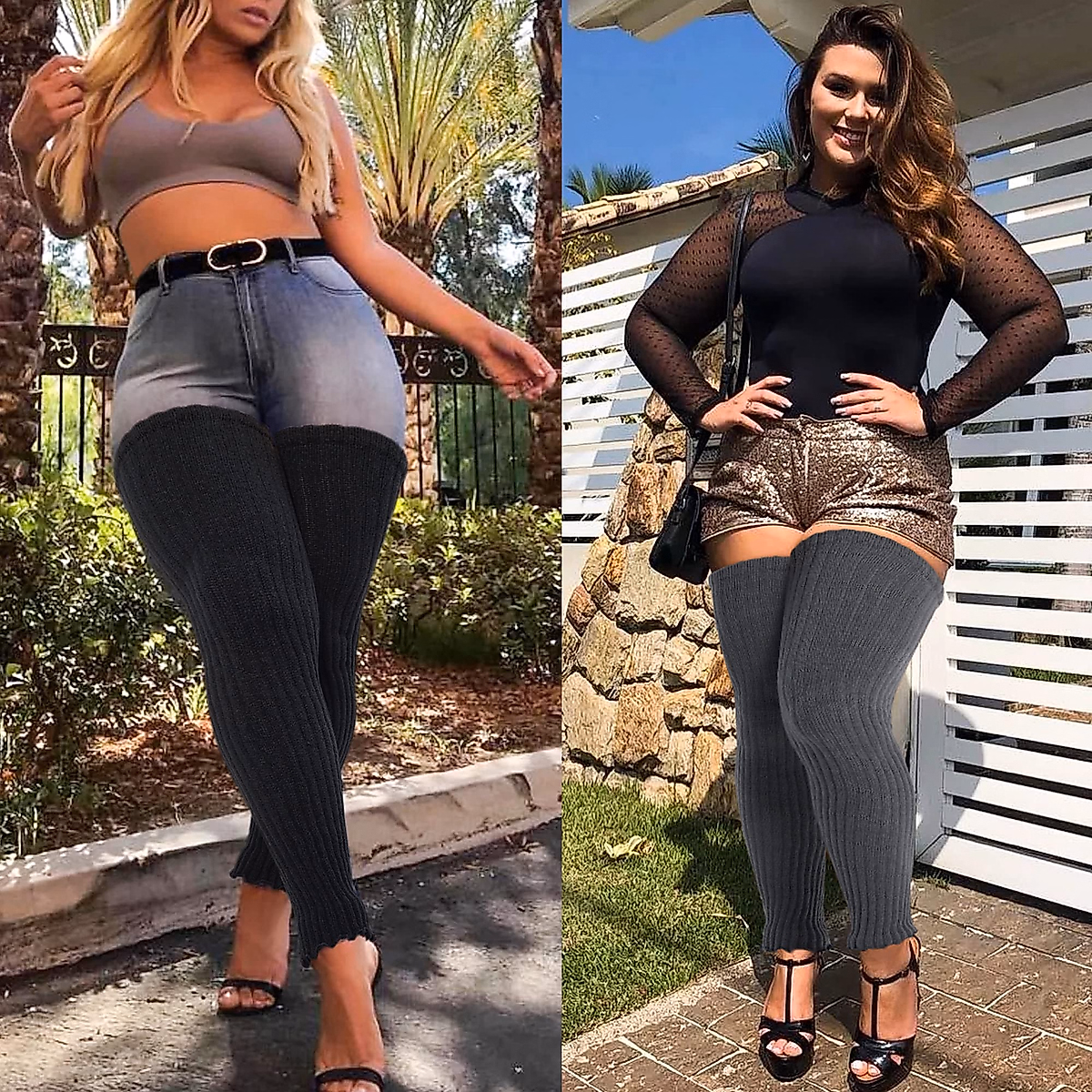 COZYOFFI Women's Plus Size Leg Warmers Knit Over Knee High Footless Socks for Thick Thighs(C02-Black)