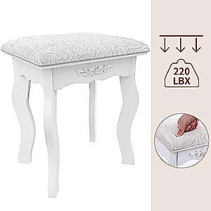 JIFULI Modern Vanity Table Set with Lighted Mirror & Power Outlet, Makeup Table with 4 Drawer, Embedded Lights Dressing Vanity Table with Cushioned Stool for Bedroom, White