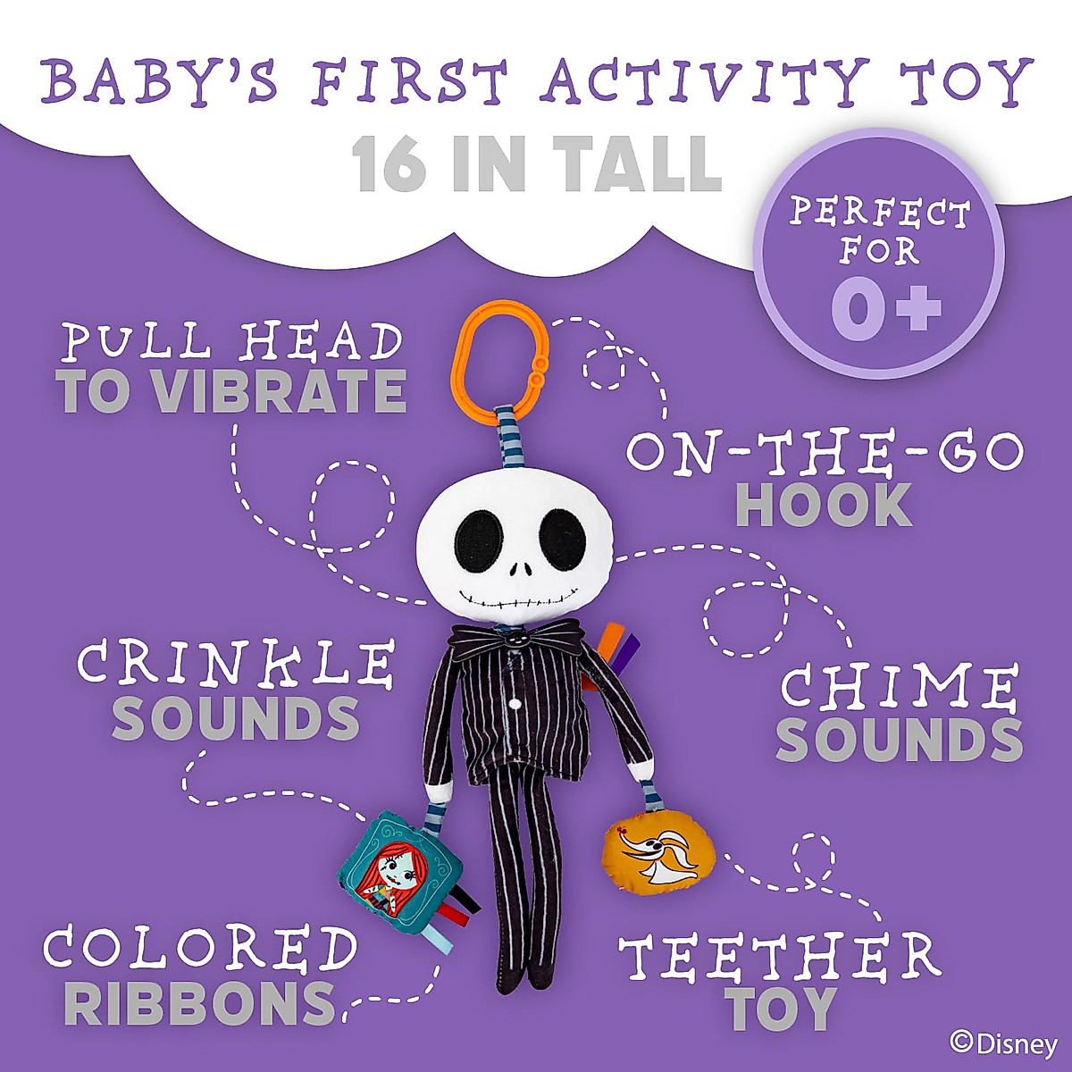 KIDS PREFERRED Disney Baby Nightmare Before Christmas Jack Skellington On The Go Activity Toy with Teether, On The Go Clip, Bell Chime, and Pull Through Arms