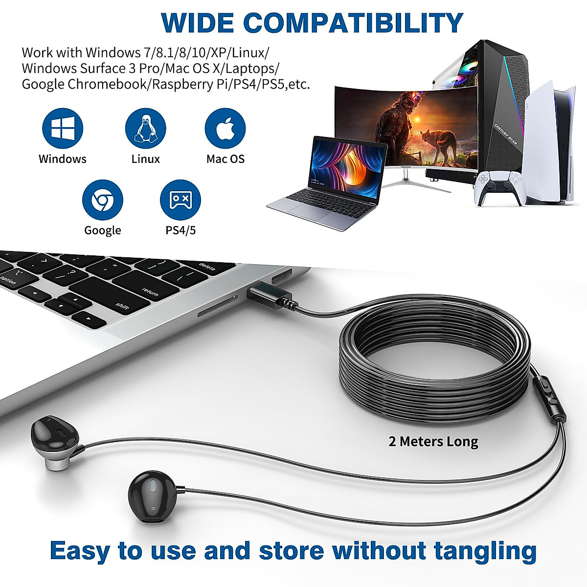 HGCXING USB Headset with Microphone for PC, 8.2FT Wired In-Ear Headphones, Noise Cancelling, Mute, Black, Gaming, Calling