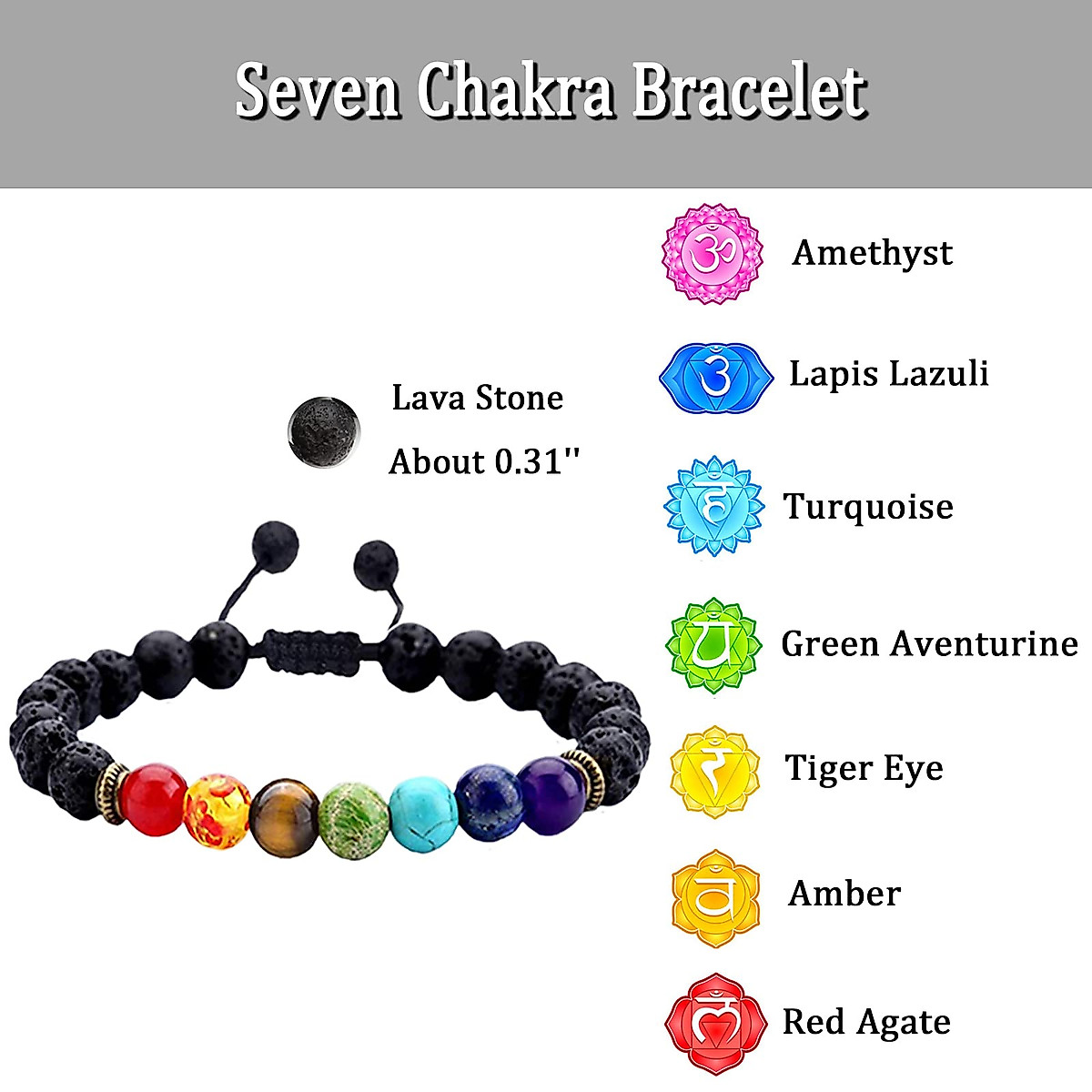 DRTMLY 8MM Lava Rock Chakra Bracelets, Adjustable Crystal and Healing Stone Bracelets, Braided Rope Beaded Bracelets for Women Men Spiritual Protection