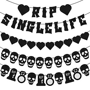 Newwiee 5 Pcs RIP Single Life Banners Black Bachelorette Party Decorations Heart Skull Coffin Garland Gothic Bachelorette Favor for Bride or Die Bachelorette Engagement Wedding