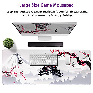 Japanese Cherry Blossom Gaming Mouse Pad 31.5x11.8in Pink Full Desk Japanese Sakura Gaming Mouse Pad Large Non-Slip Rubber Base Waterproof Big Keyboard Mat with Stitched Edges for Gaming Office