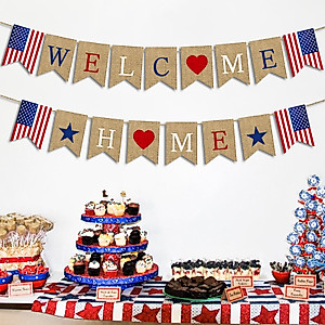 Stcomart Pre-Strung Welcome Home Banner, Burlap Patriotic Welcome Home Decorations for Army Navy Marines Air Force Homecoming Decoration