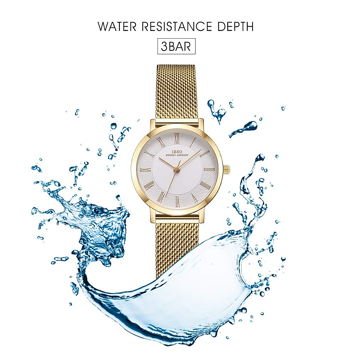 IBSO Women Stainless Steel Band Watches Ladies Quartz Wristwatches Waterproof Mesh Bracelet Watch Relogio Feminino (3636 Gold)