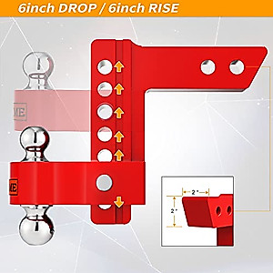 LOCAME Adjustable Trailer Hitch, Fits 2-Inch Receiver, 6-Inch Drop Aluminum 1-7/8'' & 2'' Tow Ball Drop Hitch,12,500 LBS GTW-Tow Hitch for Heavy Duty Truck with Double Stainless Locks, Red, LC0046