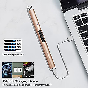 ARECTECH Lighter Rechargeable Lighter Electric Lighter Candle Lighter Arc Plasma Lighters for Candle Kitchen Camping Type-C Champagne Gold