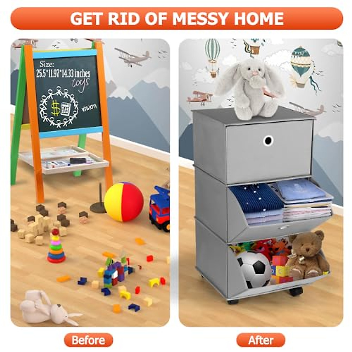 JOMOLA Rolling Storage Cart with 3 Drawers, Utility Cart with Wheels, Fabric Storage Cube Bin with Cover Collapsible Organizer Cart for Dresser Bedroom Dorm Home Office Mobile File Filing Cabinet Gray