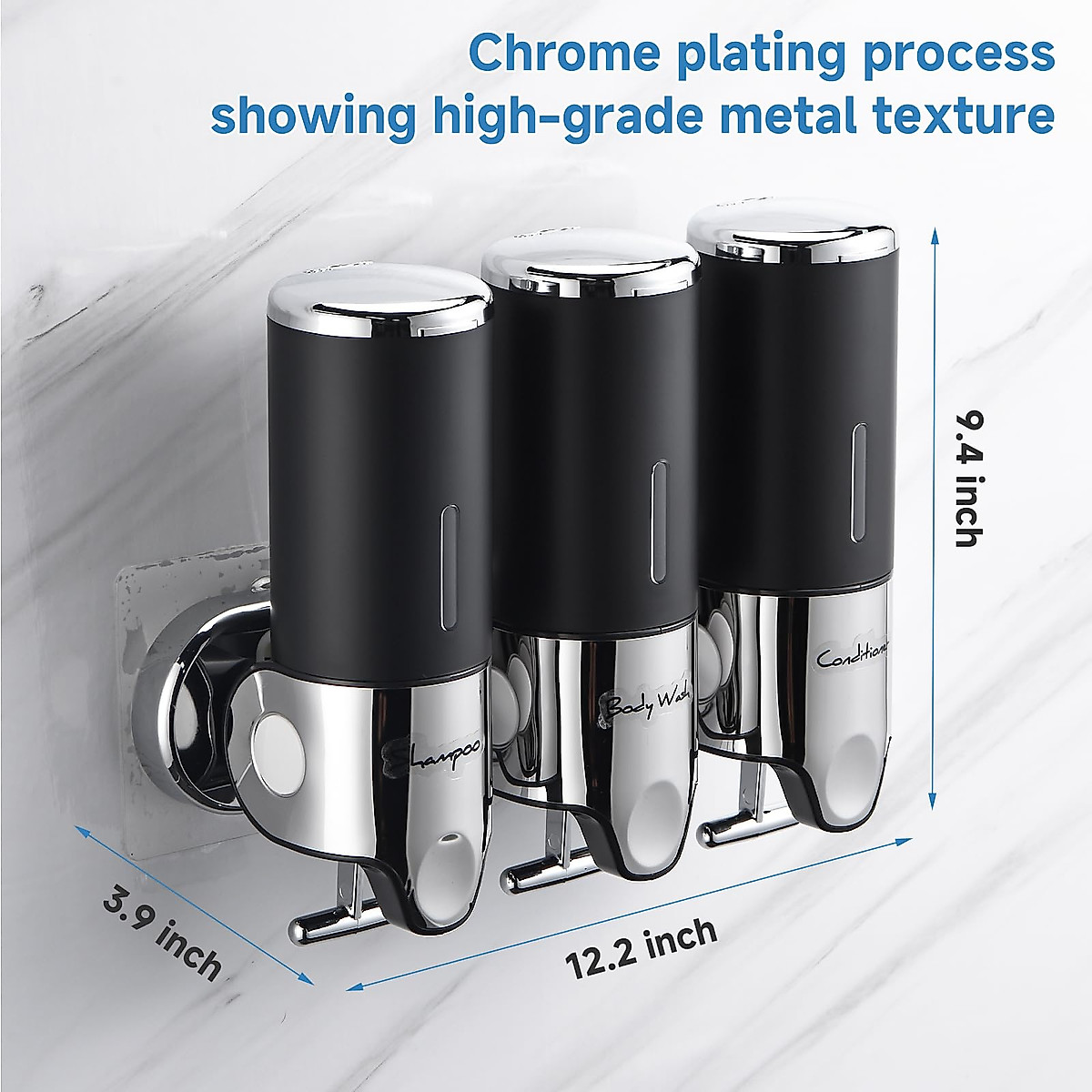 Shampoo and Conditioner Dispenser, Shower Soap Dispenser 3 Chamber No Drill for Shower Wall Mounted（Black）