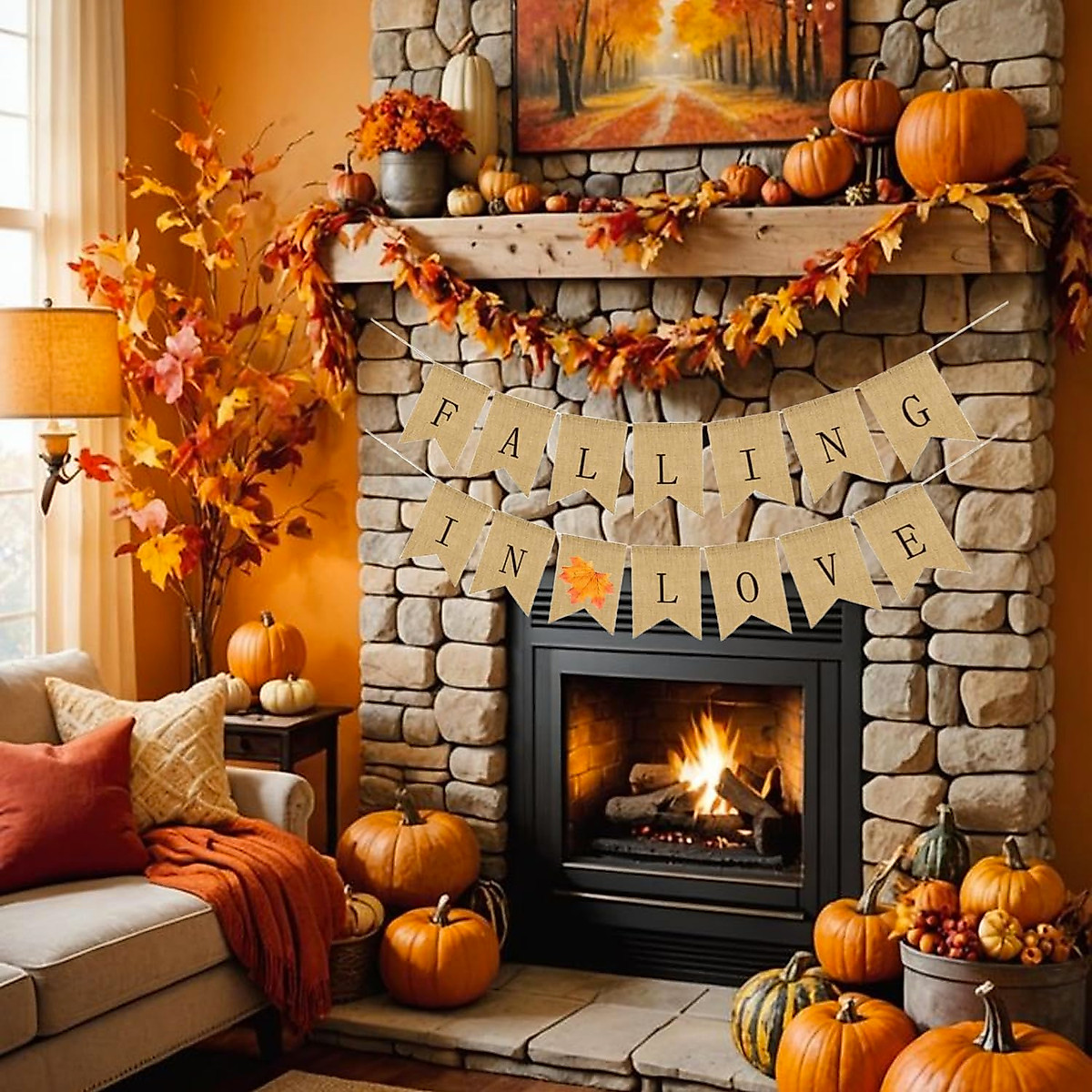 Falling in Love Banner, Thanksgiving Burlap Bunting Garland with Maple Leave Autumn Harvest Decorations for Wedding Bridal Baby Shower Engagement Anniversary Graduation Valentines Party Hanging Decor