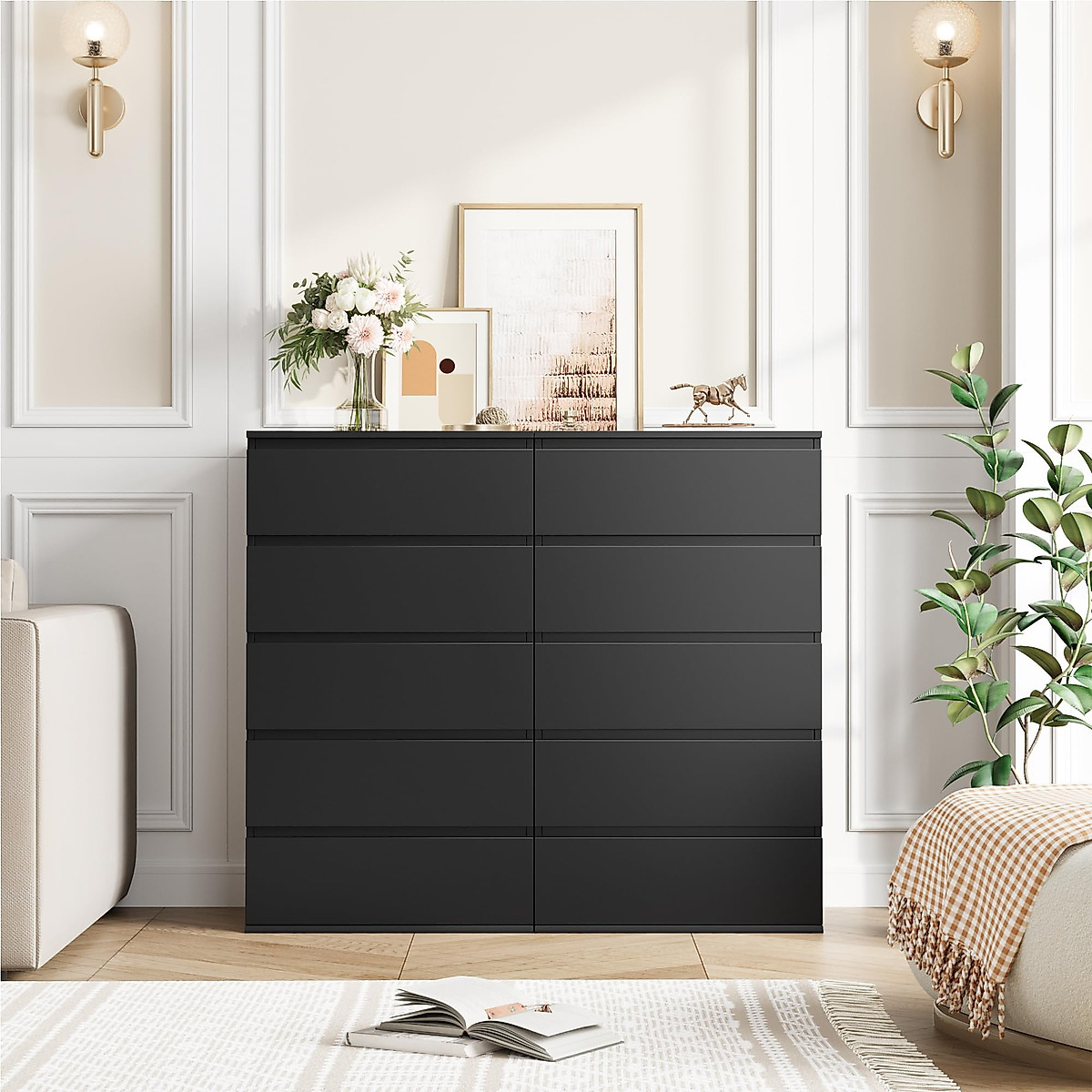FOTOSOK Black Dresser, 5 Drawer Dresser Tall Black Dresser with Large Storage Space, Modern Storage Chest of Drawers, 23.6L x 17.6W x 39.1H Inch Storage Organizer Cabinet for Home, Black