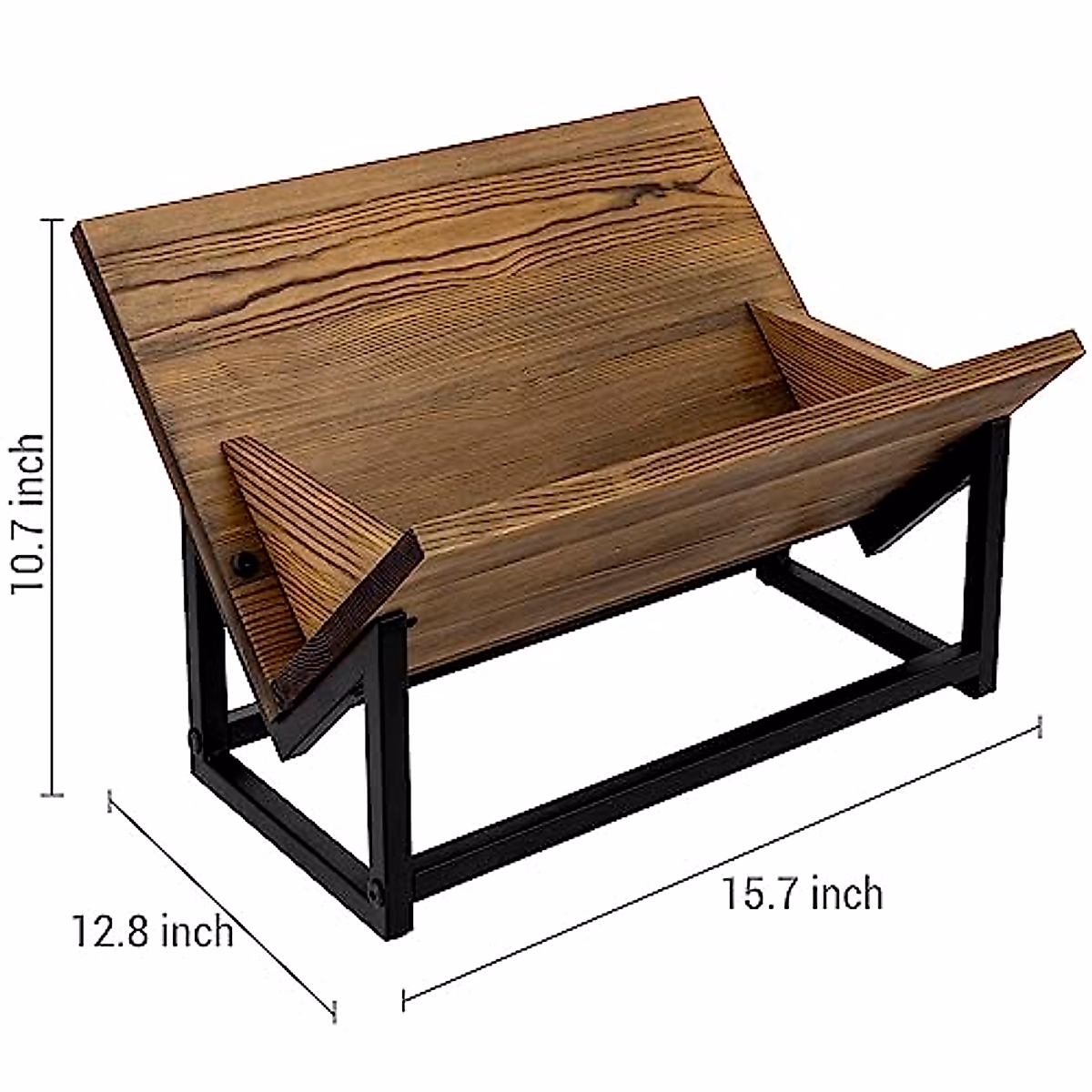 MyGift Rustic Burnt Solid Wood and Industrial Matte Black Metal Tilted Book Display Rack Shelf, Desktop Storage Organizer Bookshelf, Decorative Standing Bookcase