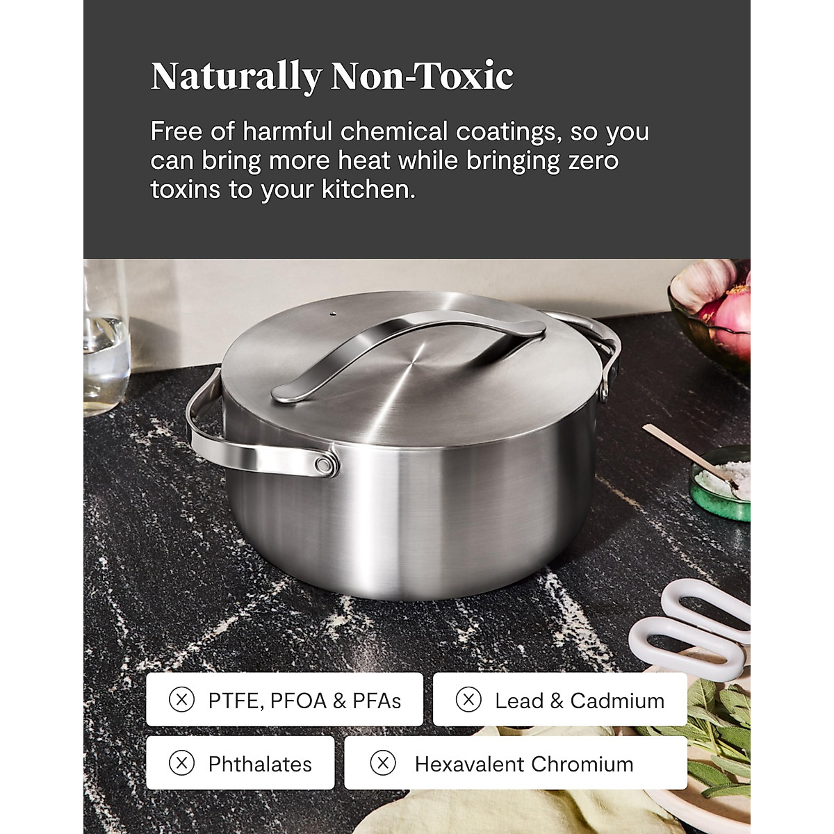 Caraway Stainless Steel Dutch Oven (4.5 Qt) - 5-Ply Stainless Steel - Oven Safe & Stovetop Agnostic - Non Toxic, PTFE & PFOA Free