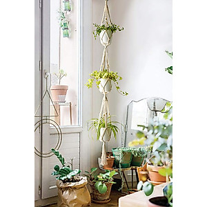 Mkono Macrame Plant Hanger 3 Tier Indoor Outdoor Hanging Planter Basket Cotton Rope with Beads 70 Inches
