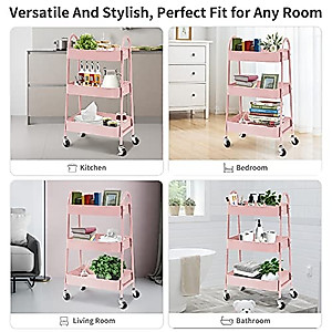 LEZIOA 3 Tier Metal Rolling Cart, Multipurpose Compact Storage Cart with Wheels, Easy to Assemble & Move, Suitable for Kitchen Office Bathroom Classroom (Pink)