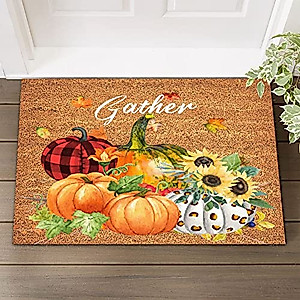 Entrance Mat Pumpkin Sunflower Maple Leaves Farmhouse Thanksgiving Funny Coir Doormat with Heavy Duty Fall Gather Coir Mat Outdoor - Front Door Entryway Mats Housewarming Gift 16x24in