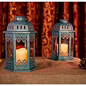 SteadyDoggie Solar Lanterns 2 Pack Blue - Hanging Solar Lights with Flickering Candle LED - Retro Ornate Hanging Solar Lantern with Handle