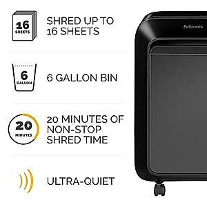Fellowes LX210 P-4 Micro-Cut Paper Shredder, Jam-Proof Heavy-Duty Paper Shredder for Office, 16 Sheet Capacity, Black